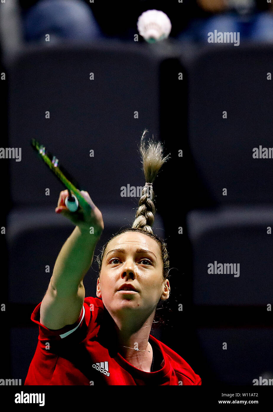 Great Britain's Gabby Adcock in action against Ireland's Sam and Chloe ...