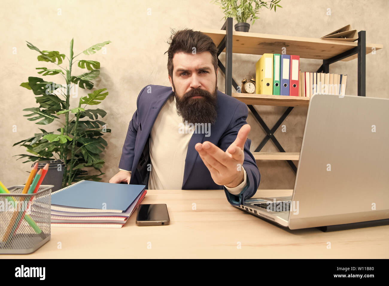 We hiring you. Man bearded recruiter sit office. Job interview concept ... We hiring you. Man bearded recruiter sit office. Job interview concept ...