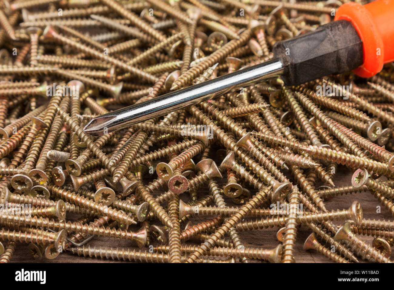 Screwdriver lying on a pile of screws. Tool and equipment Stock Photo ...