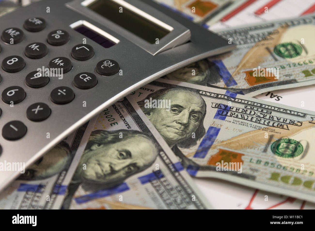 Financial statements. Calculator, dollars on financial charts. Close-up ...