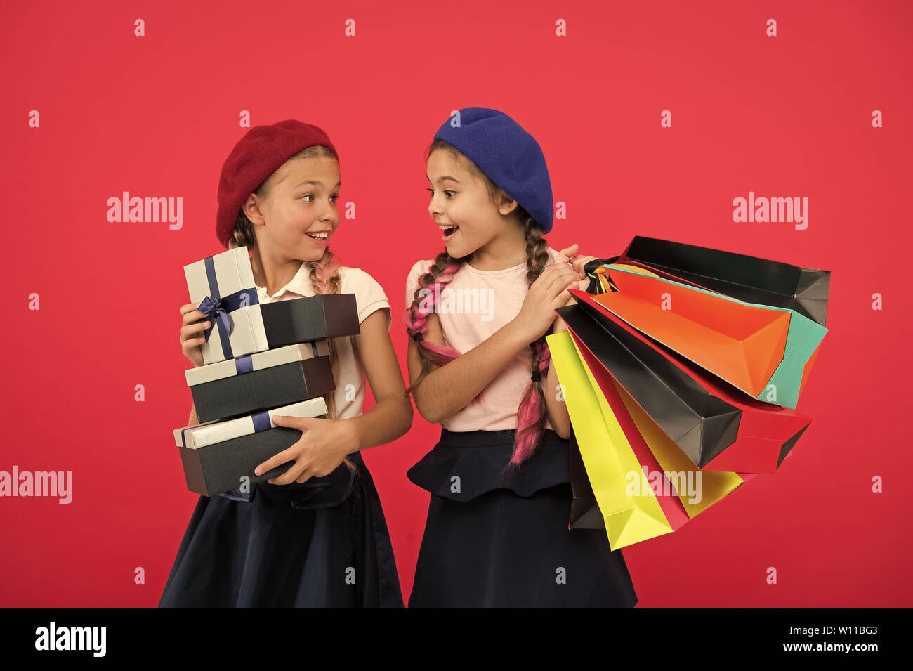 Shopaholic concept. Shopping become fun with best friends. Children ...