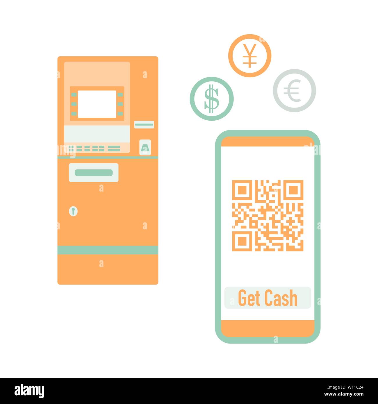 Vector illustration with phone with qr code, ATM cash withdrawal ...