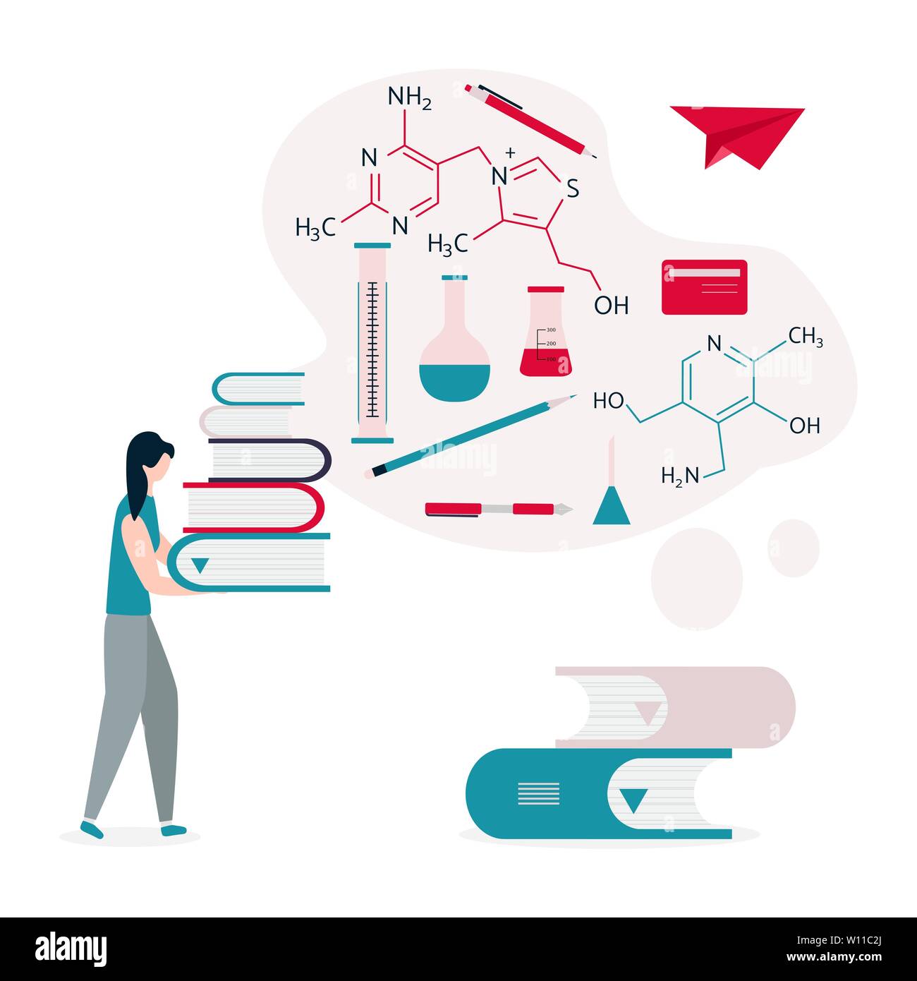 Vector illustration with girl, stack of books. Education, study ...