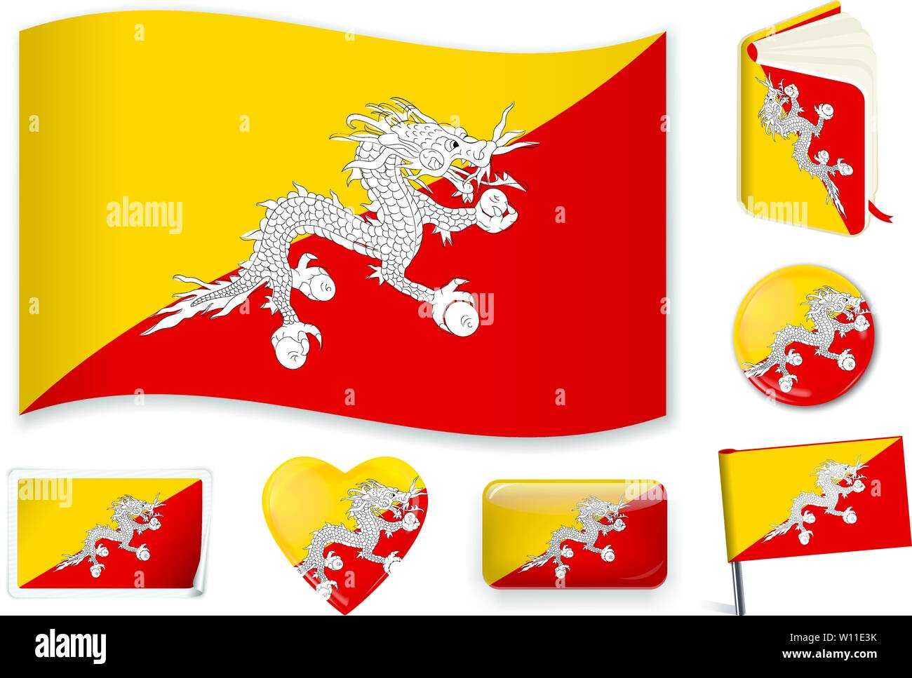 Bhutan national flag. Vector illustration. 3 layers. Shadows, flat flag ...