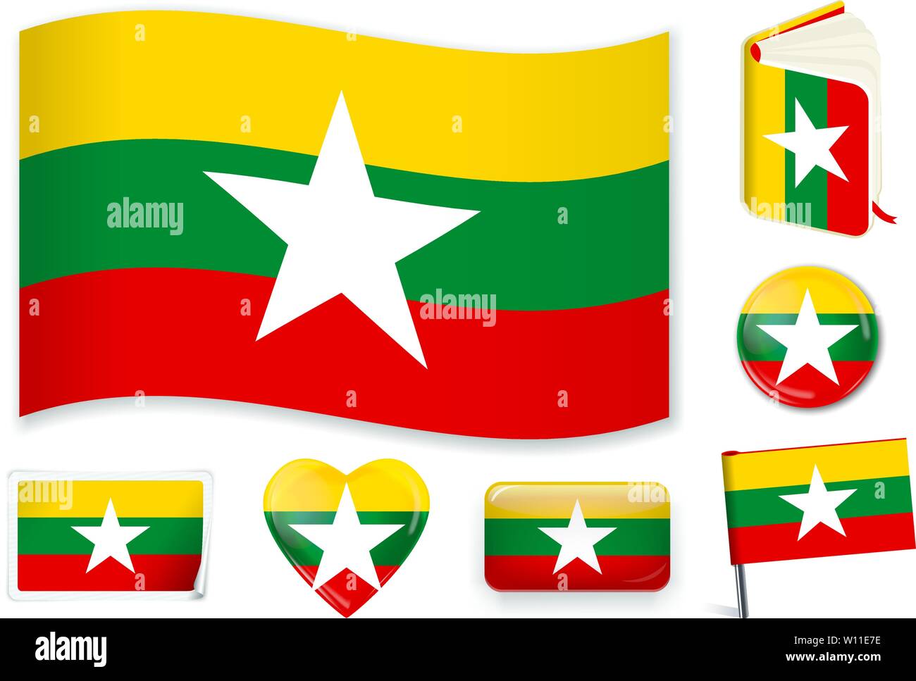 Burma national flag. Vector illustration. 3 layers. Shadows, flat flag, lights and shadows ...
