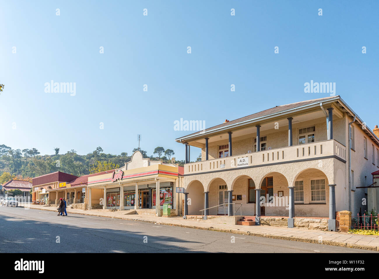 SENEKAL, SOUTH AFRICA - MAY 1, 2019: A street scene, with the historic ...