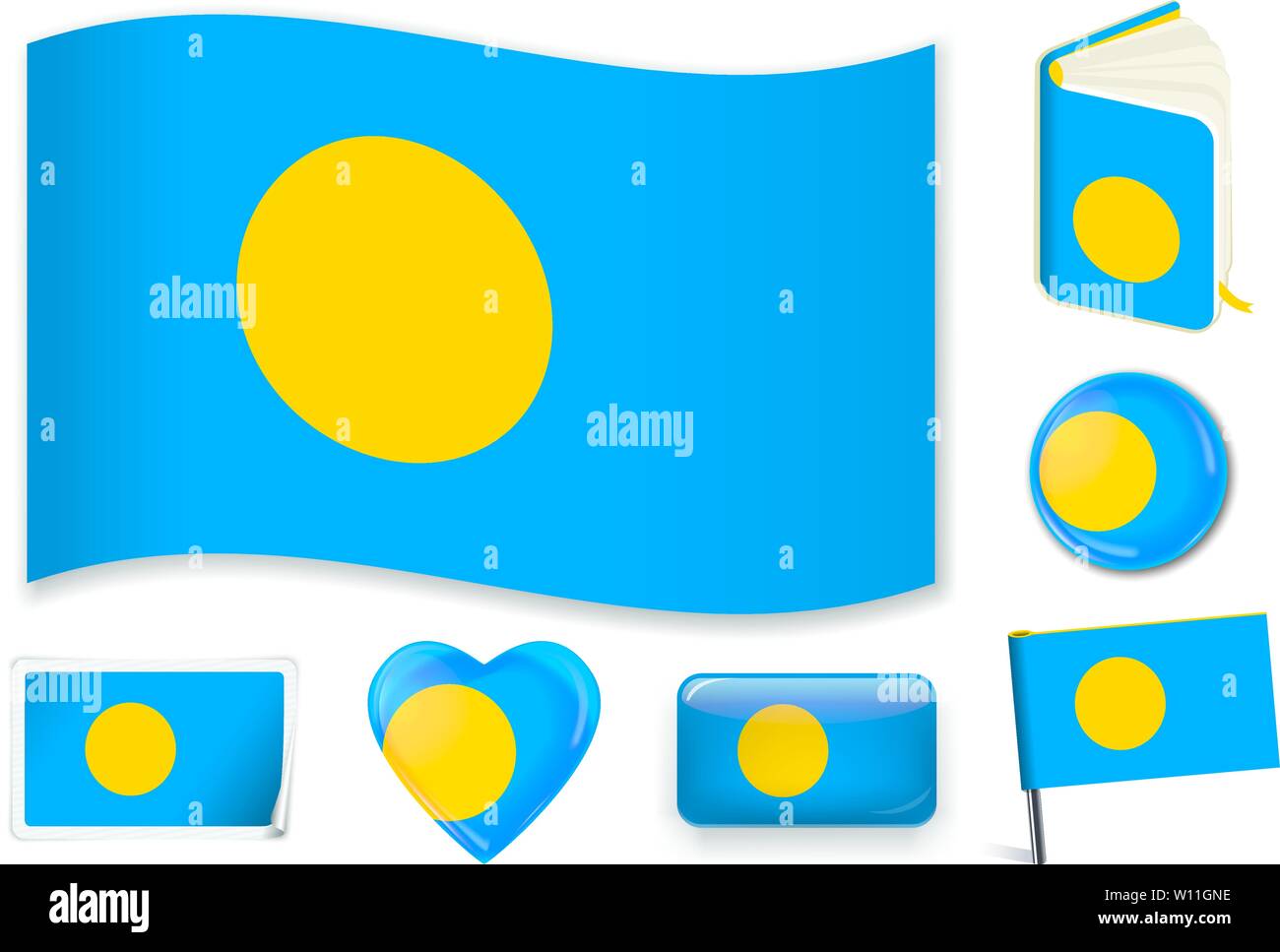 Palau national flag. Vector illustration. 3 layers. Shadows, flat flag, lights and shadows ...