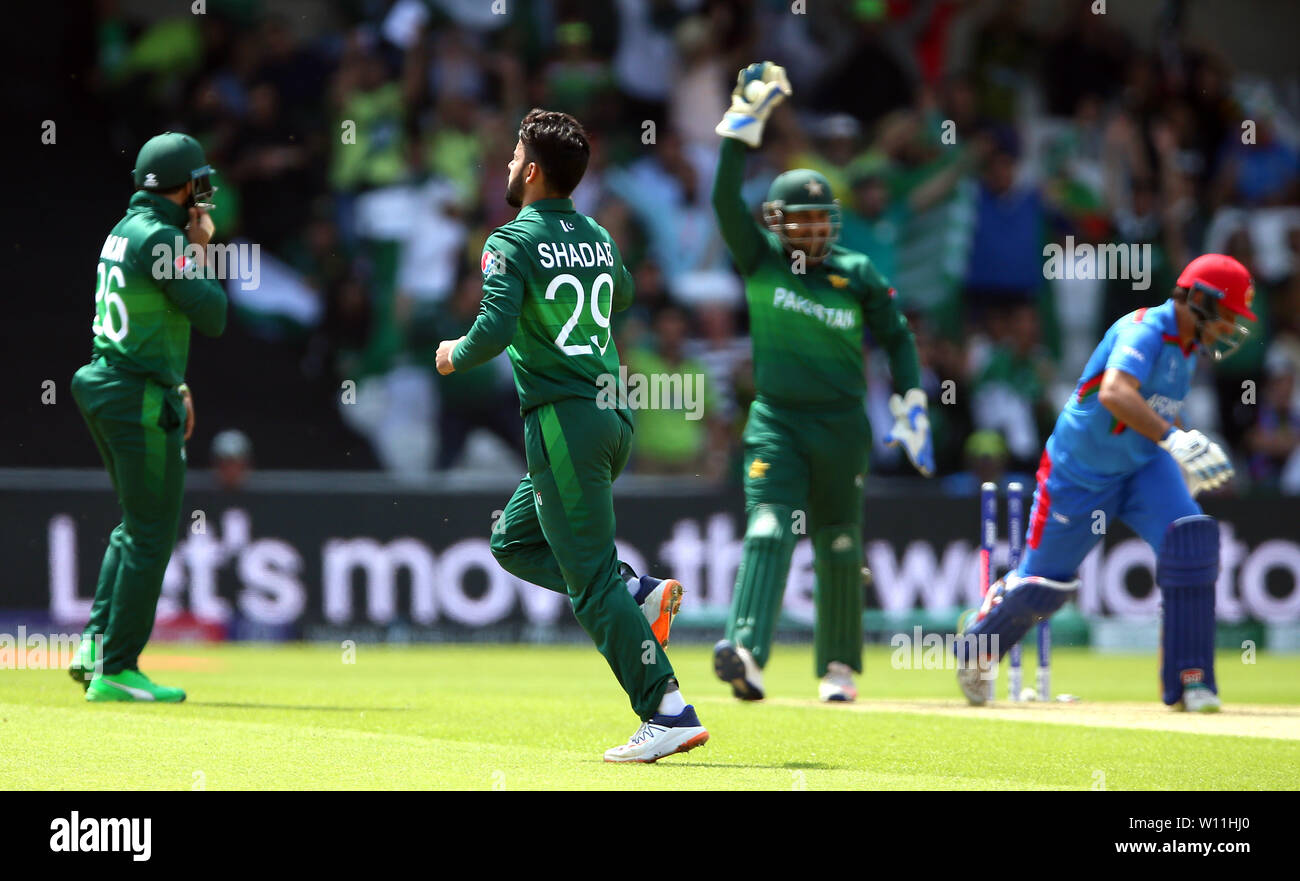 Pakistan's Shadab Khan celebrates taking the wicket of Afghanistan's ...