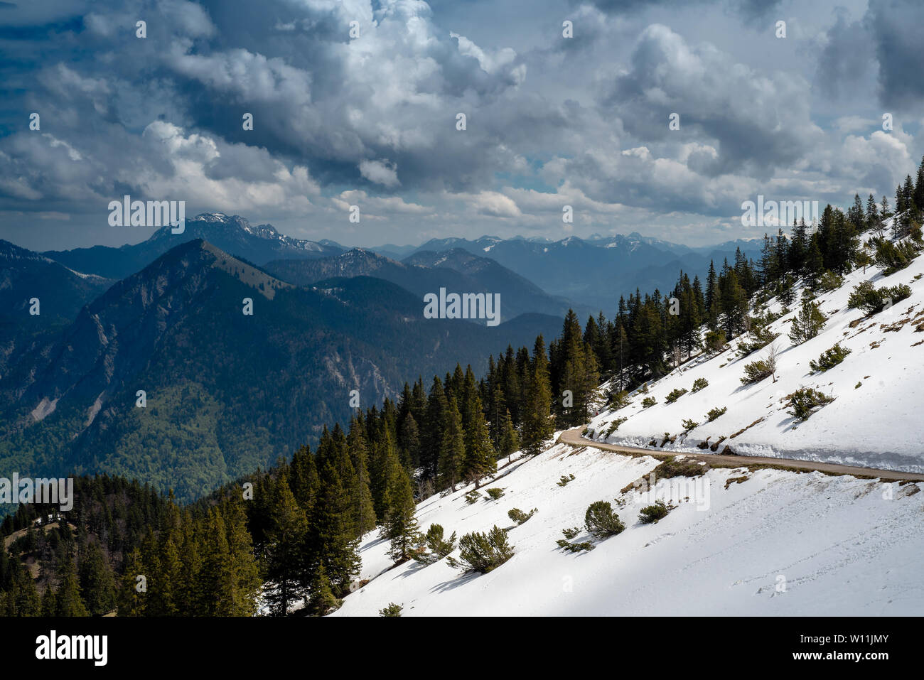 View from Herzogstand trail iin Upper Bavaria in the late Spring ...