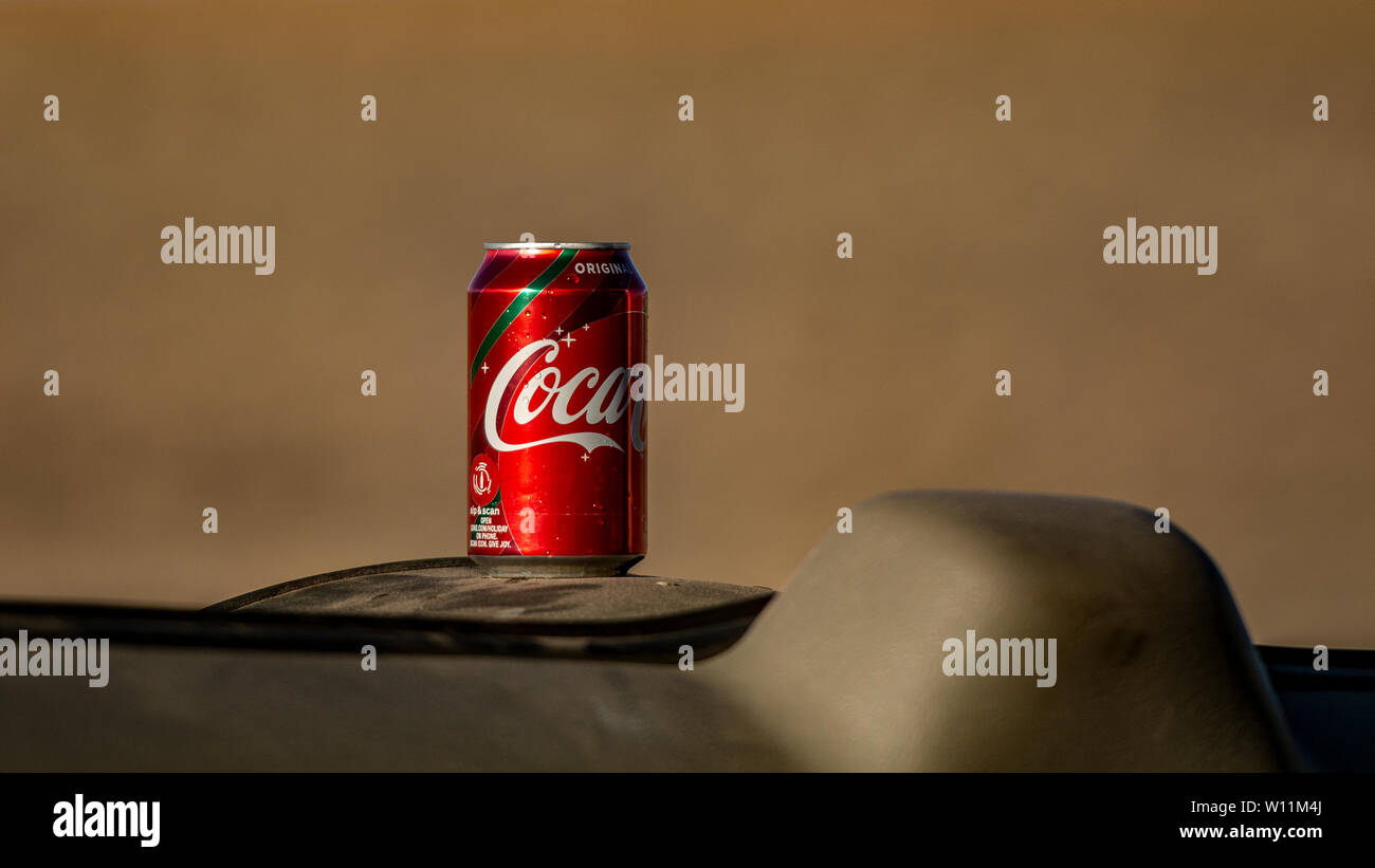 Gardnerville, NV, USA- January 10, 2019. Coca-cola can on the dashboard ...
