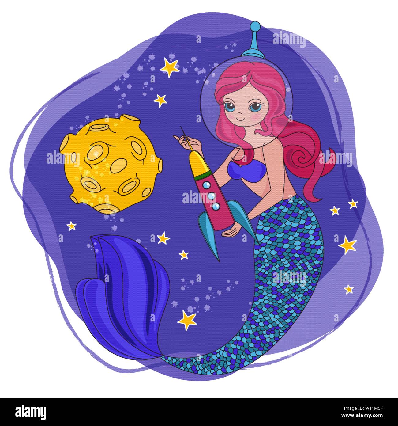 MERMAID ROCKET Space Cartoon Cosmos Galactic Universe Princess Journey ...