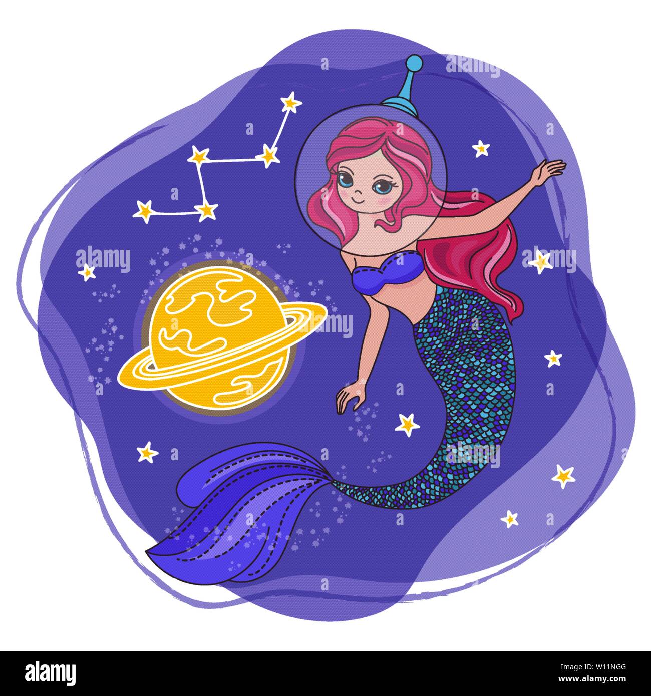 SPACE MERMAID Cartoon Cosmos Galactic Princess Journey Traveling Vector Illustration Set for ...