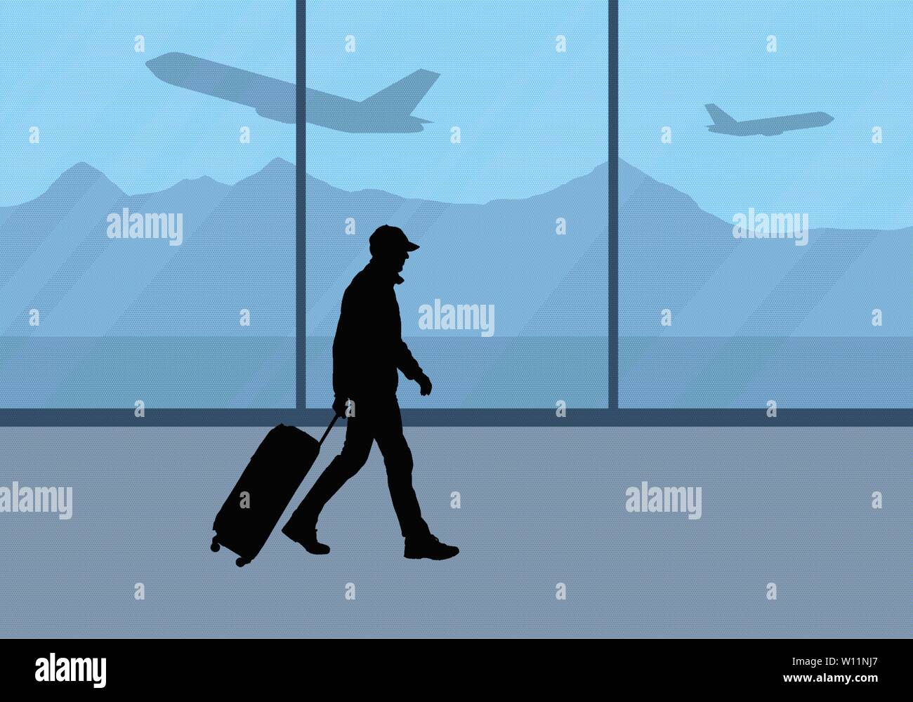 Realistic illustration of airport lounge with window and airplane on ...