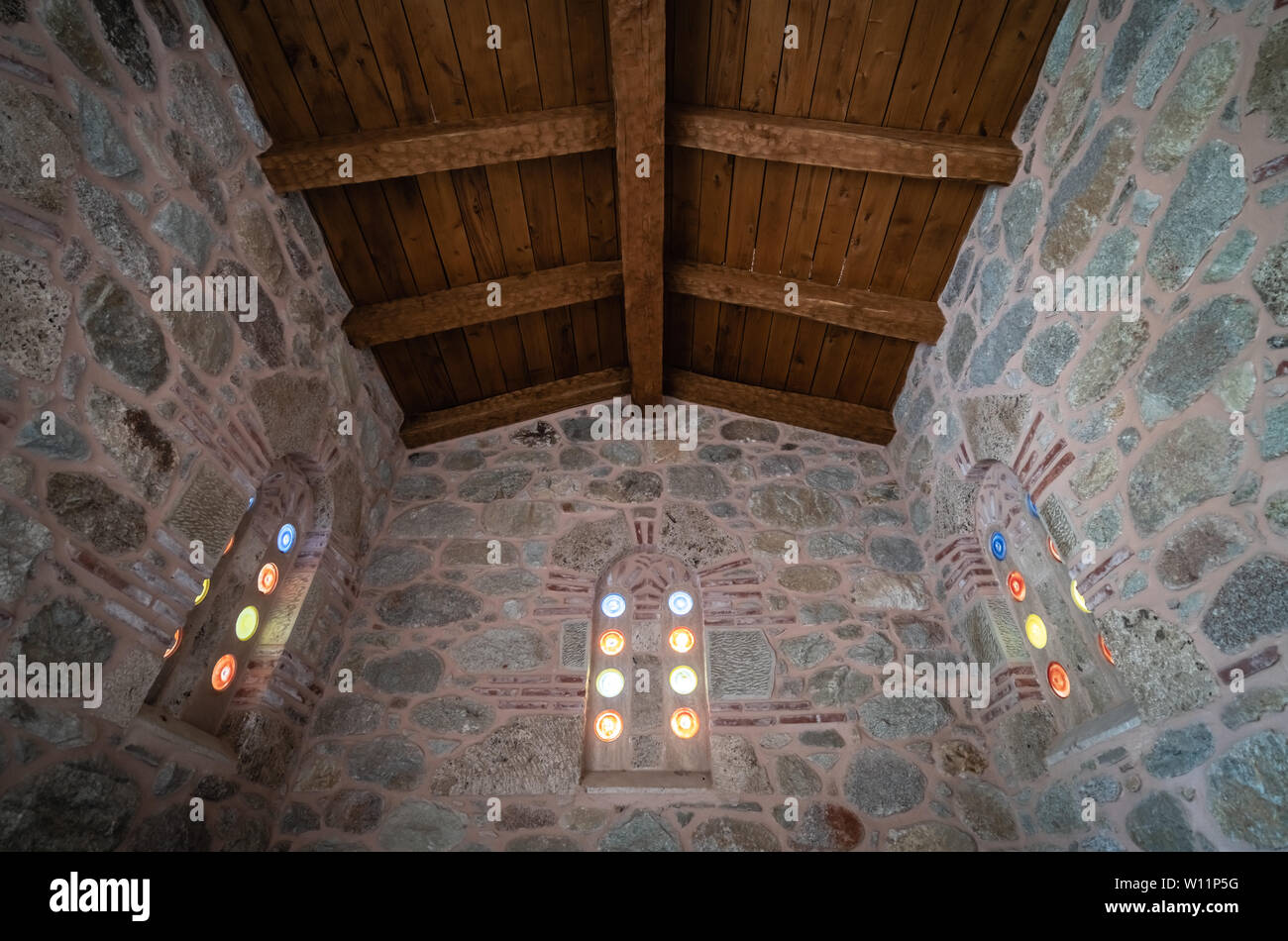 Small stained glass round windows inside the Holy Monastery of Great ...
