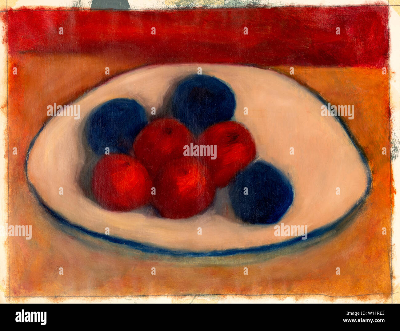 Study sketch of fruits on a plate, handmade painting with oil colors ...