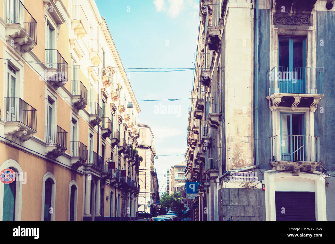 Italy, beautiful cityscape of Sicily, historical street of Catania ...