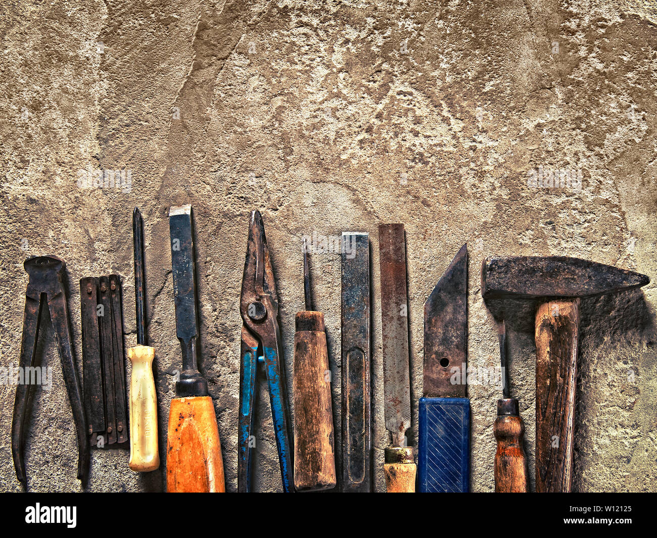 set of old dirty tools in vintage style Stock Photo - Alamy