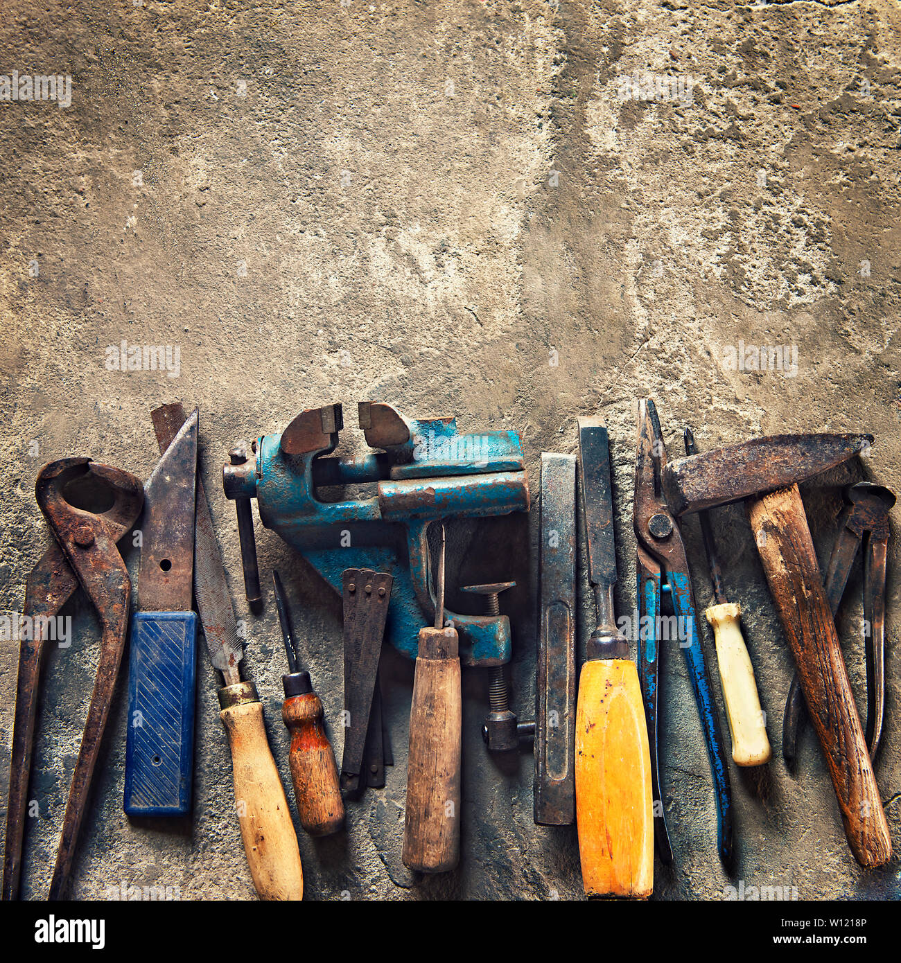 set of old dirty tools in vintage style Stock Photo - Alamy