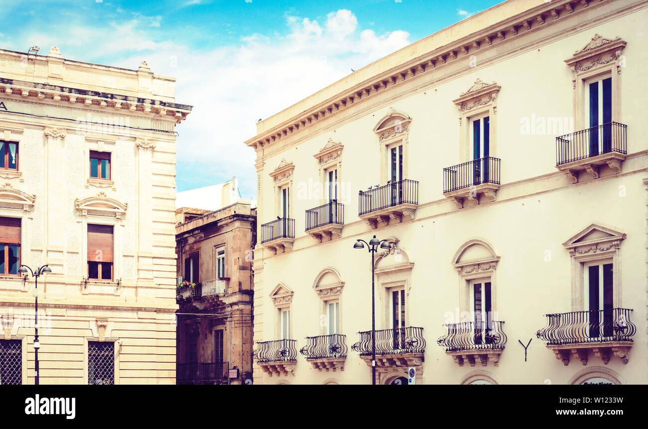 Traditional architecture of Sicily in Italy, typical street of Syracuse ...