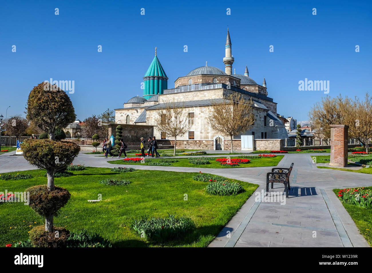 Konya, Turkey - 15 April, 2017; Mevlana Tomb and Mosque in Konya City. Mevlana museum view from ...