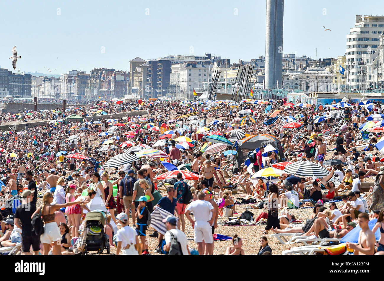 Crowded beach in summer parasols umbrellas hi-res stock photography and ...