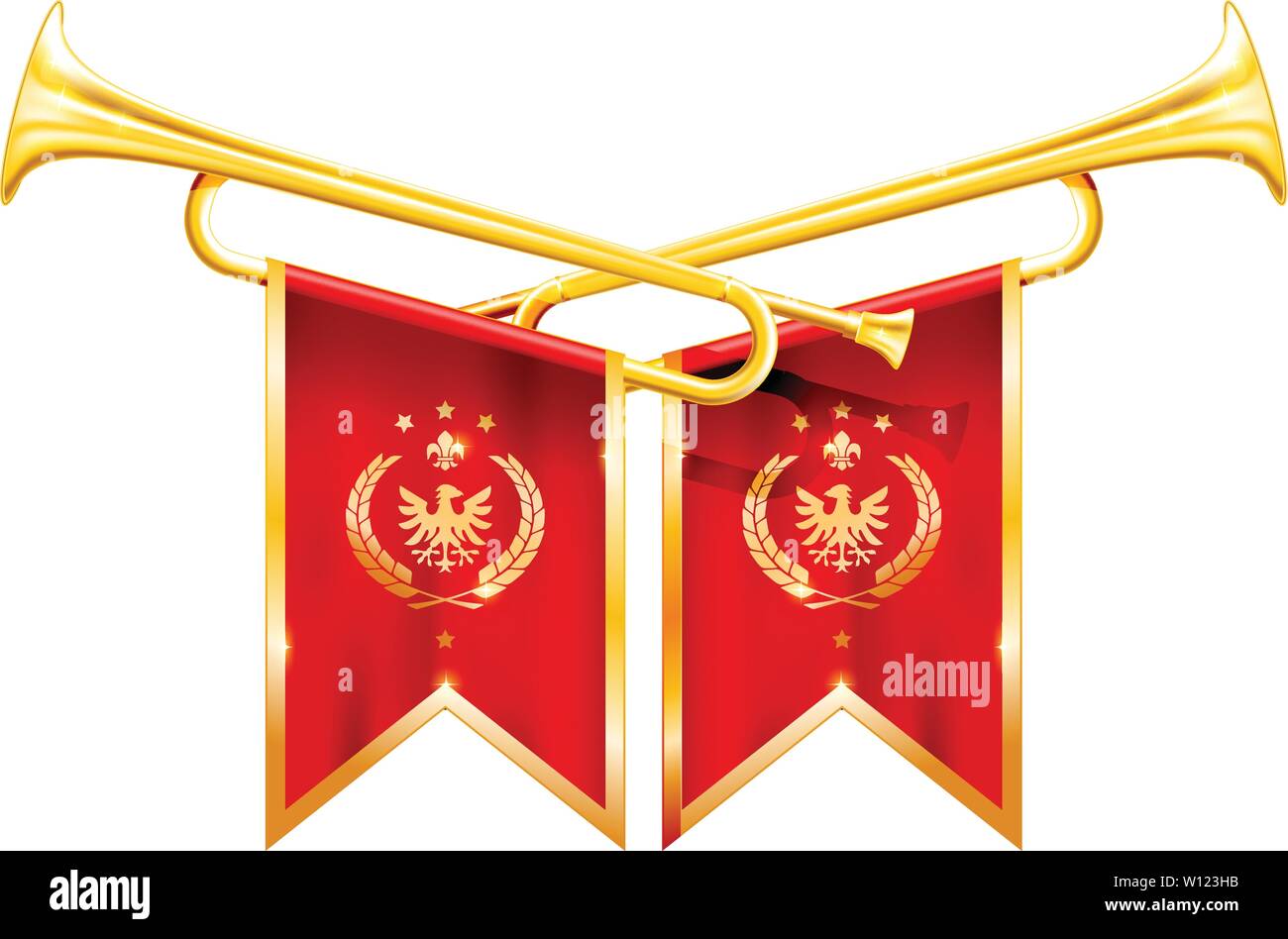 Fanfare for winner - two crossed royal trumpets, golden horn, triumph ...