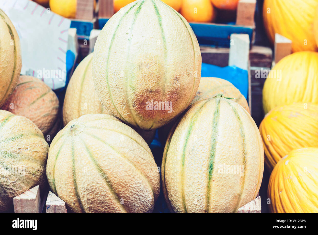 colorful fresh fruits melons in the fruit market, Catania, Sicily ...