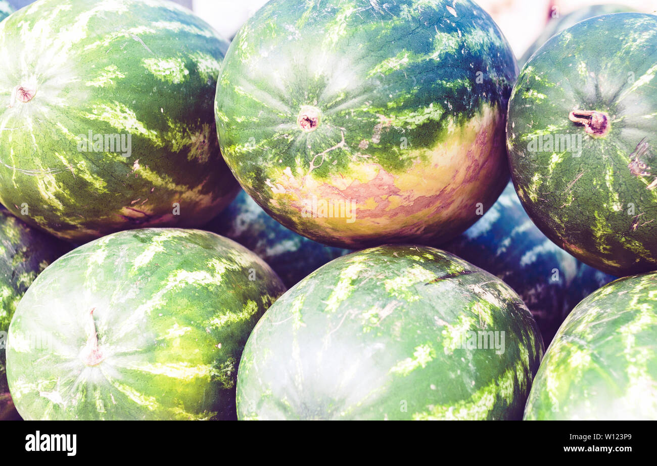 colorful fresh fruits watermelons in the fruit market, Catania, Sicily ...
