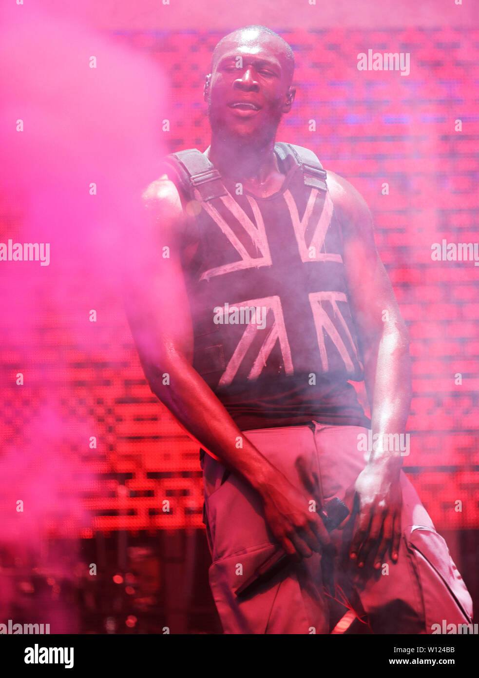Stormzy performing on the Pyramid Stage during the Glastonbury Festival ...