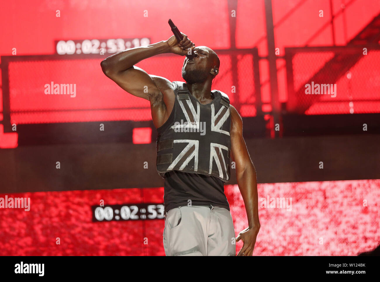 Stormzy performing on the Pyramid Stage during the Glastonbury Festival ...