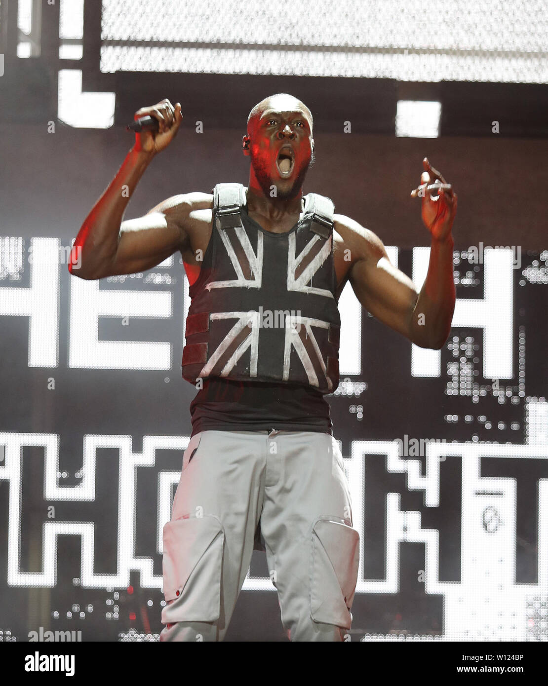 Stormzy performing on the Pyramid Stage during the Glastonbury Festival ...