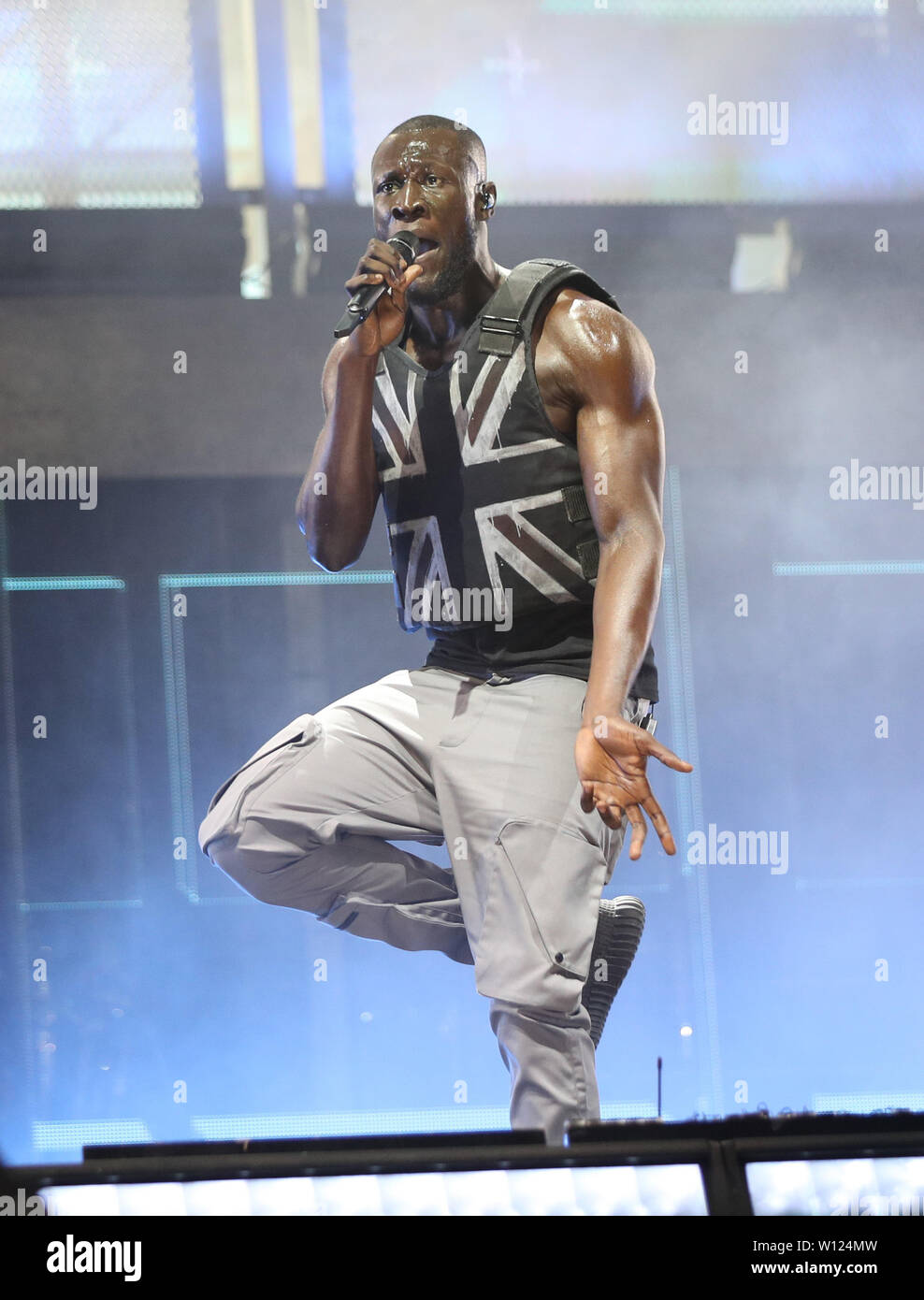 Stormzy performing on the Pyramid Stage during the Glastonbury Festival ...