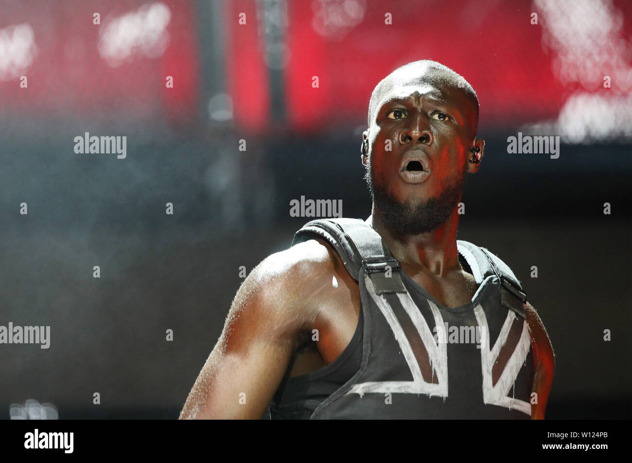 Stormzy performing on the Pyramid Stage during the Glastonbury Festival ...
