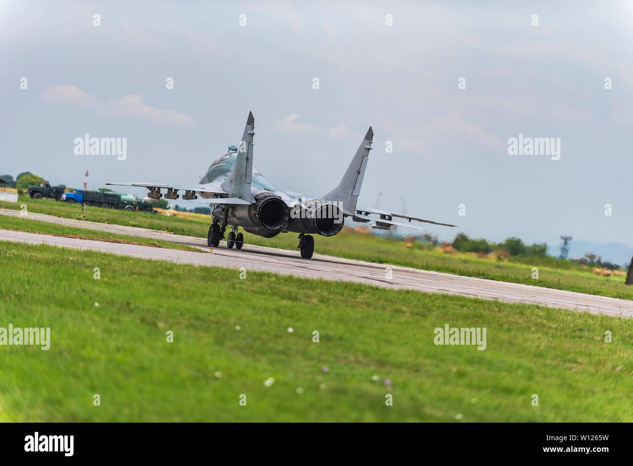 Russian fighter Mikoyan Gurevich MiG 29 heat up engines before flight ...