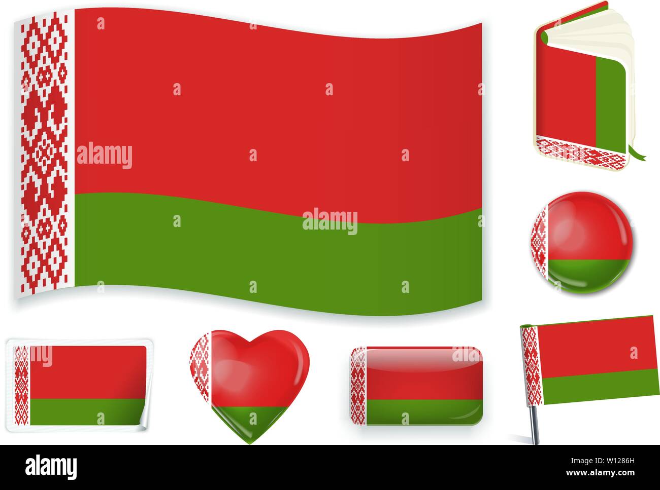 Belarus national flag in wave, book, circle, pin, button, heart and ...