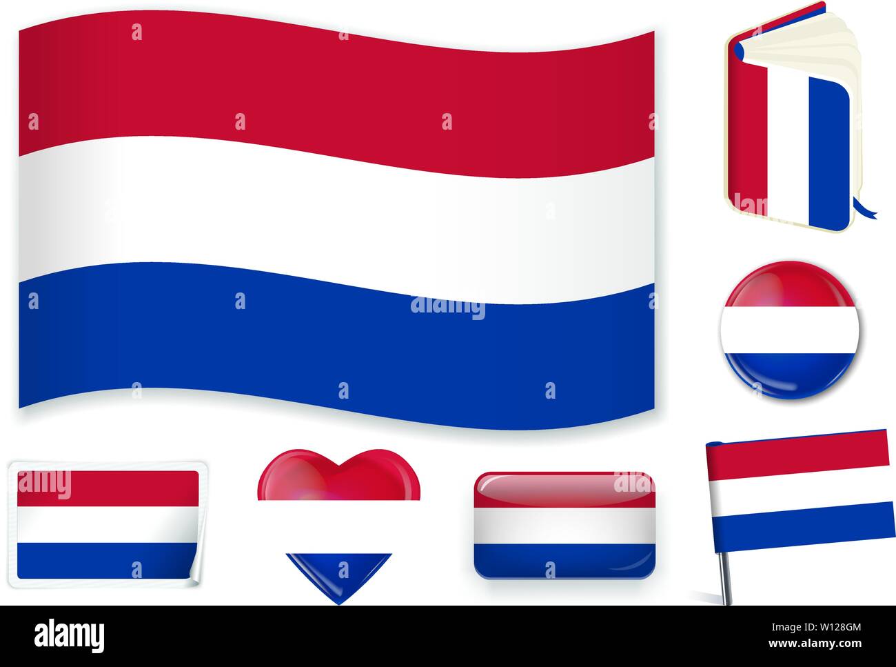 Holland. Dutch national flag in wave, book, circle, pin, button heart ...