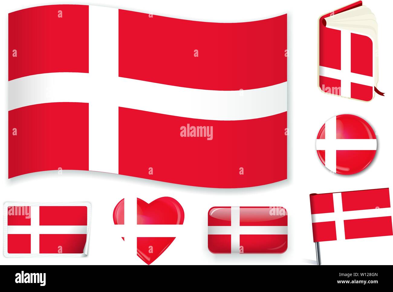 Denmarkian national flag in wave, book, circle, pin, button, heart and ...
