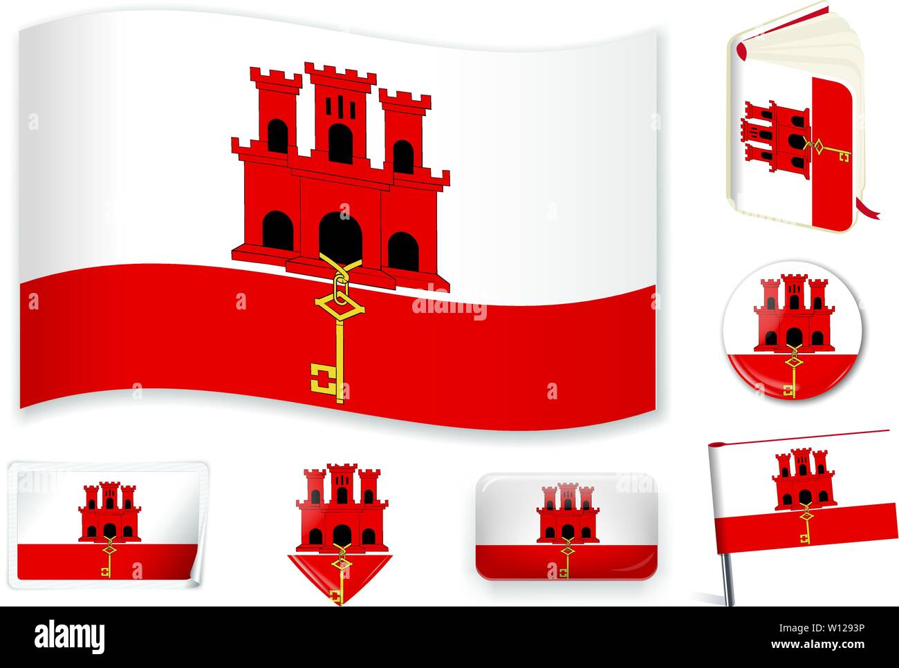 Gibraltar flag in wave, book, circle, pin, button heart and sticker ...