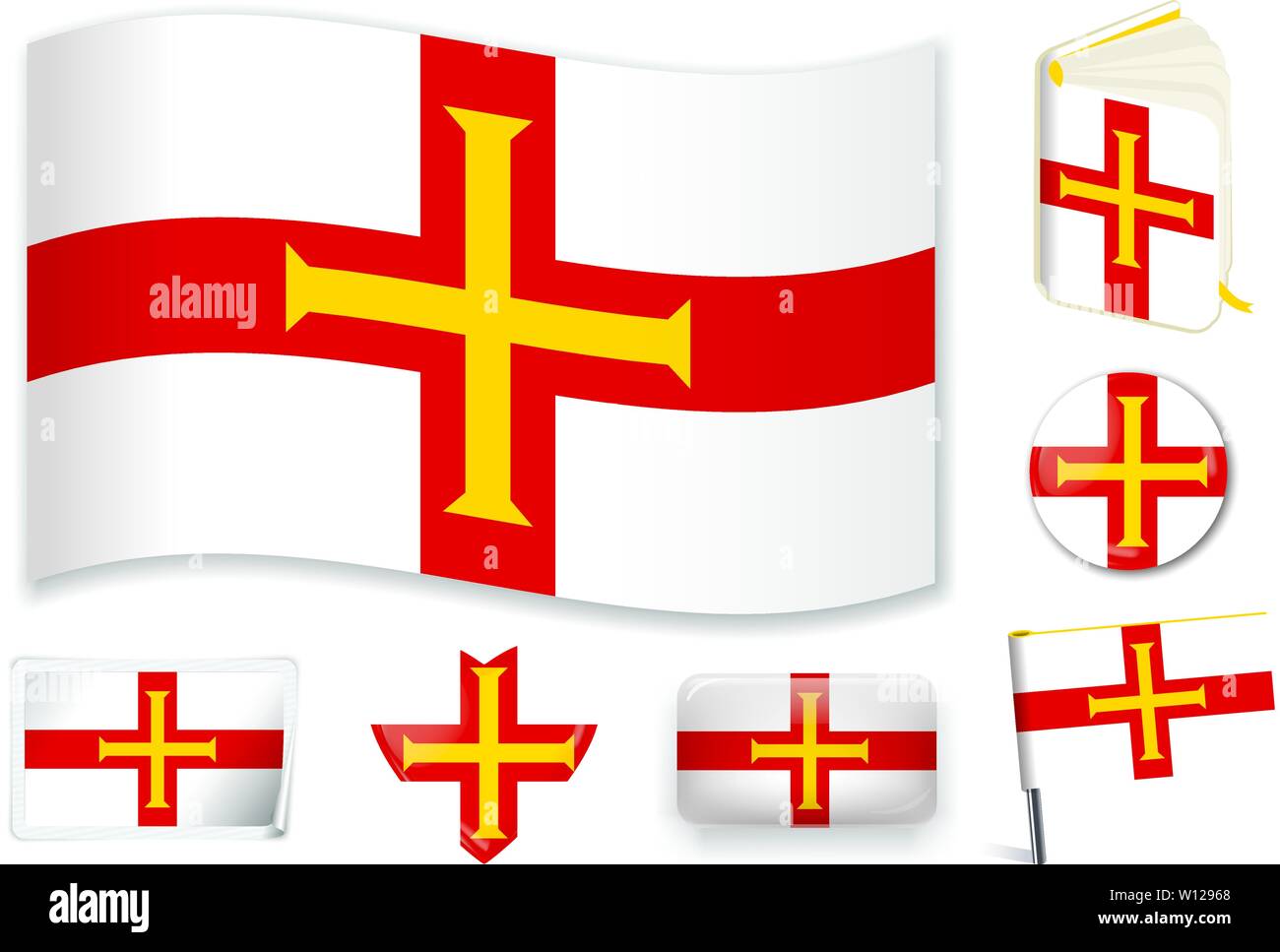 Guernsey flag in wave, book, circle, pin, button heart and sticker ...
