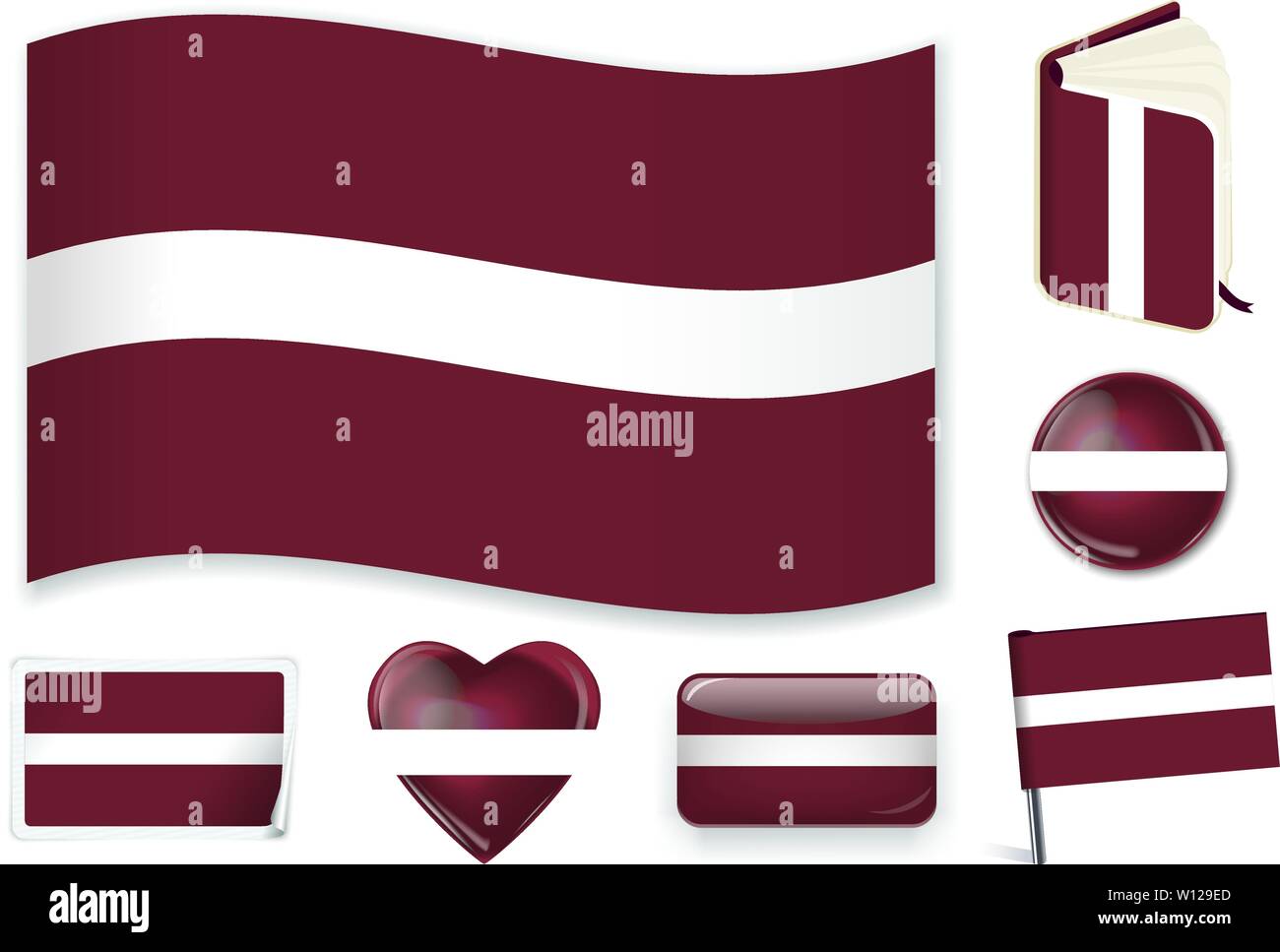Latvia. Latvian national flag in wave, book, circle, pin, button heart and sticker shapes Stock ...