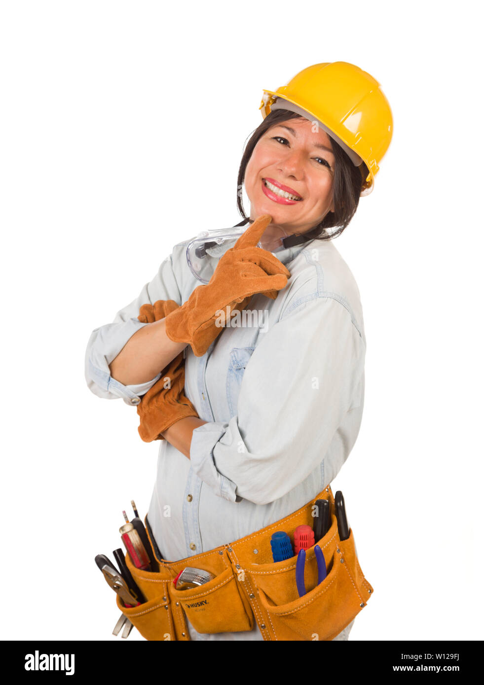 Hispanic Female Contractor Wearing Goggles, Hard Hat and Goggles ...