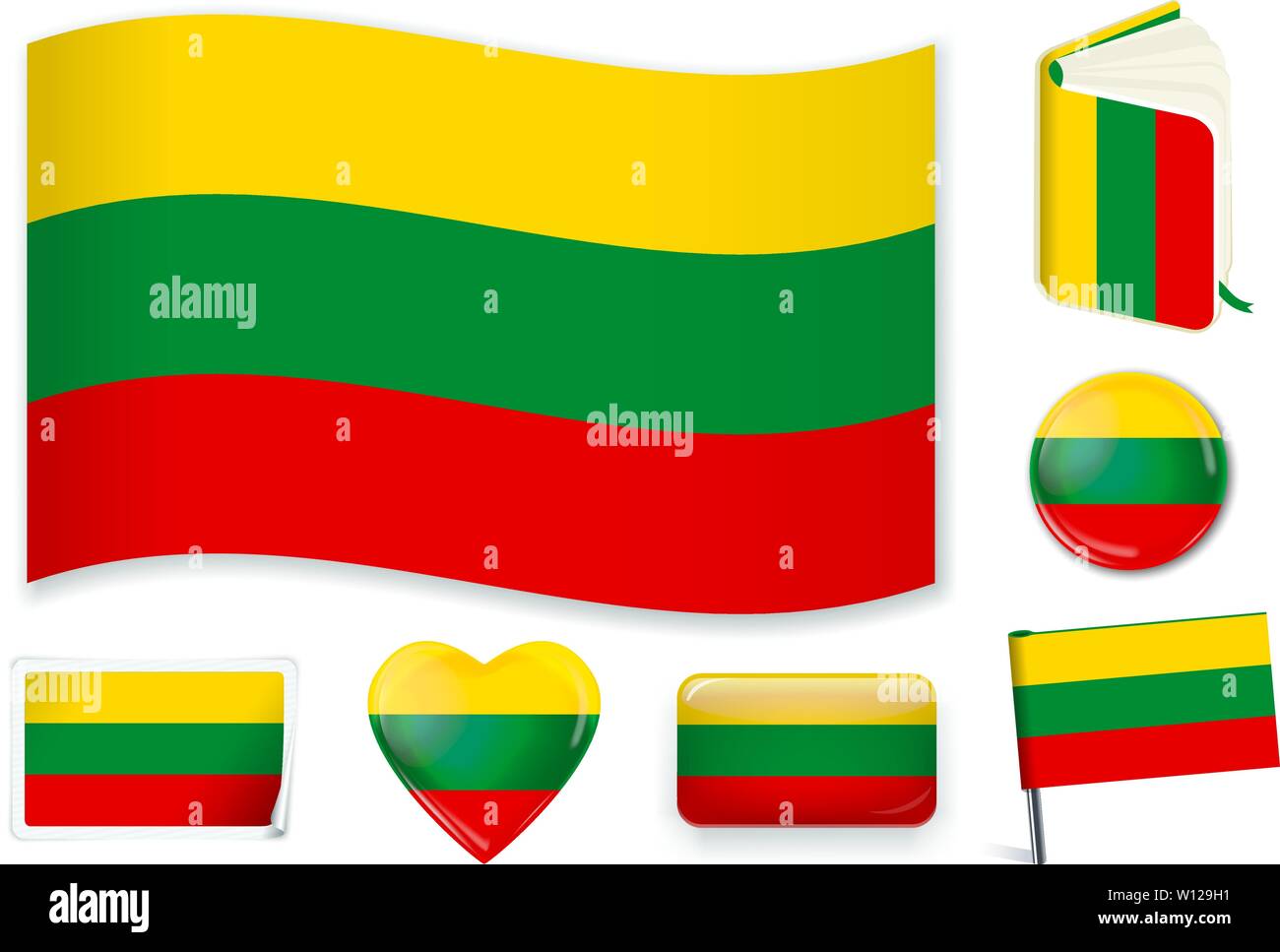Lithuania. Lithuanian national flag in wave, book, circle, pin, button ...