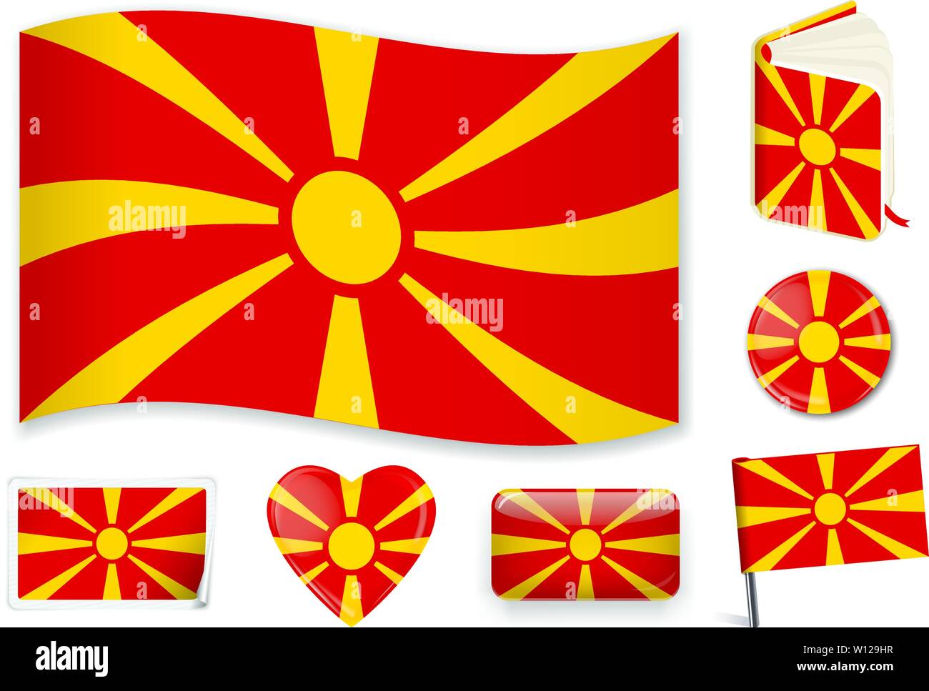Macedonia. Macedonian national flag in wave, book, circle, pin, button ...