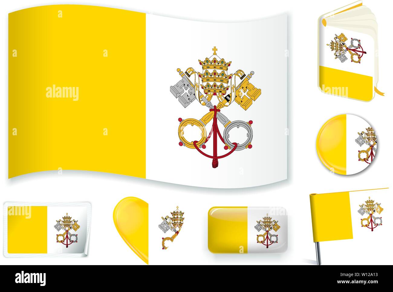 Vatican City flag in wave, book, circle, pin, button, heart and sticker ...
