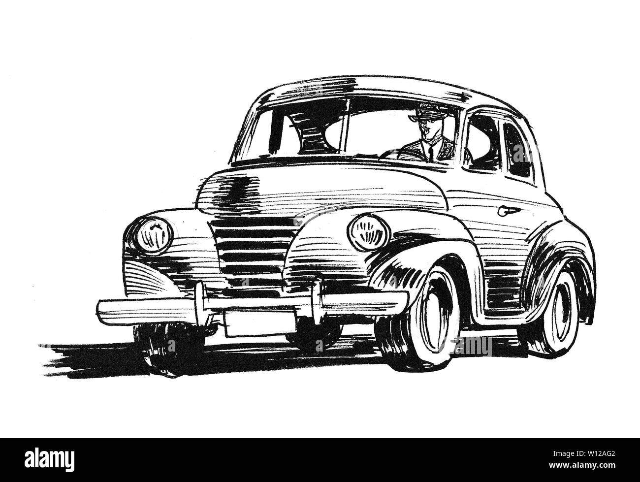 Vintage car. Ink black and white drawing Stock Photo - Alamy