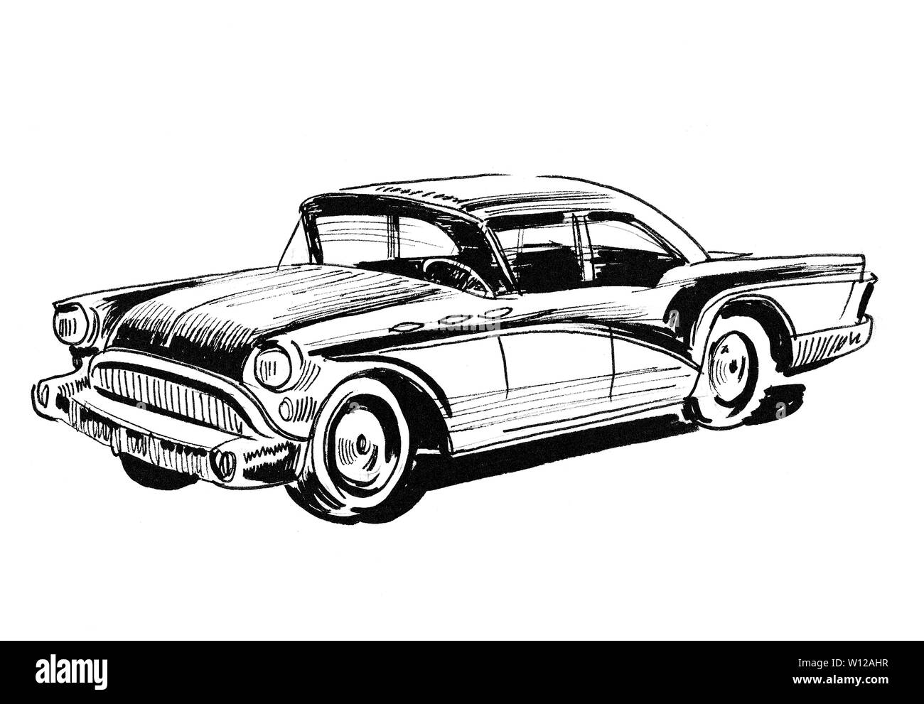 Vintage american car. Ink black and white drawing Stock Photo - Alamy