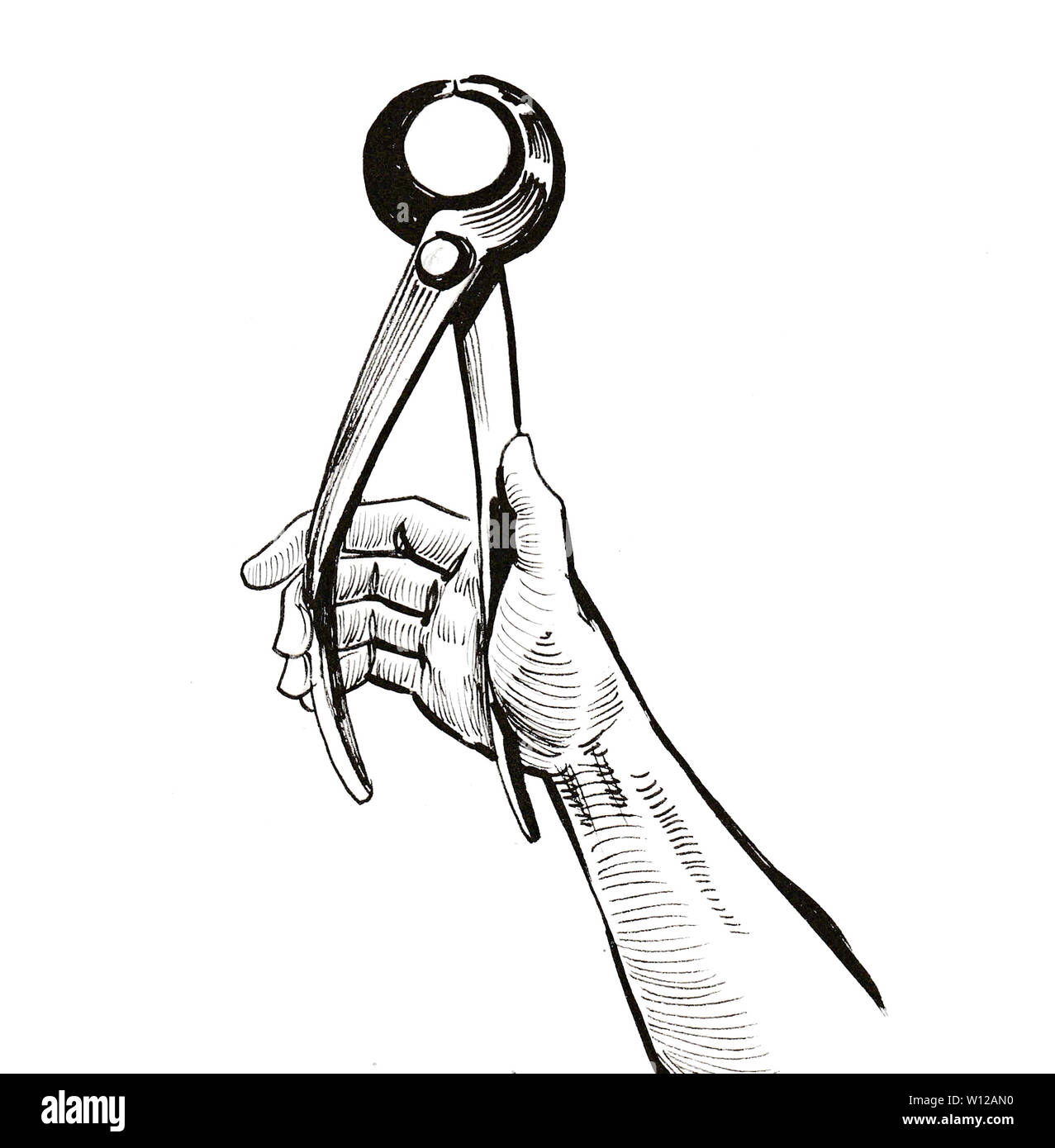Hand with pliers tool. Ink black and white drawing Stock Photo - Alamy