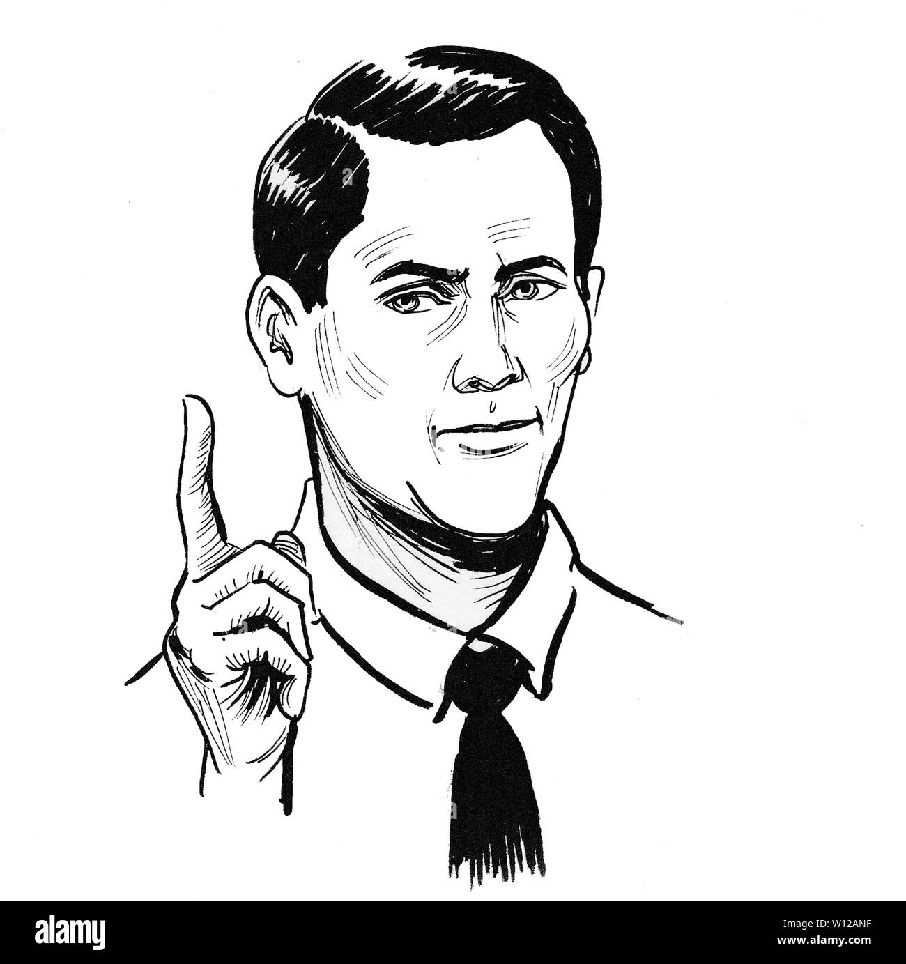 Serious man pointing up. Ink black and white drawing Stock Photo - Alamy