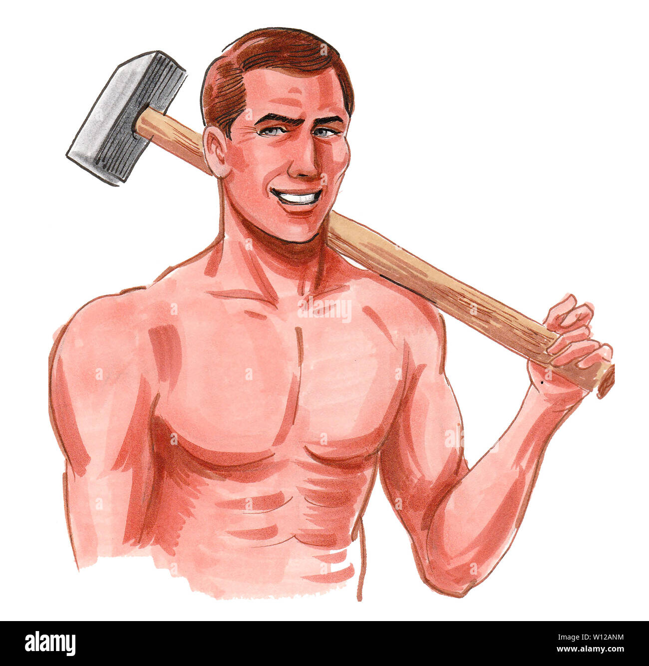 Strong muscular worker with a hammer. Ink and watercolor illustration ...