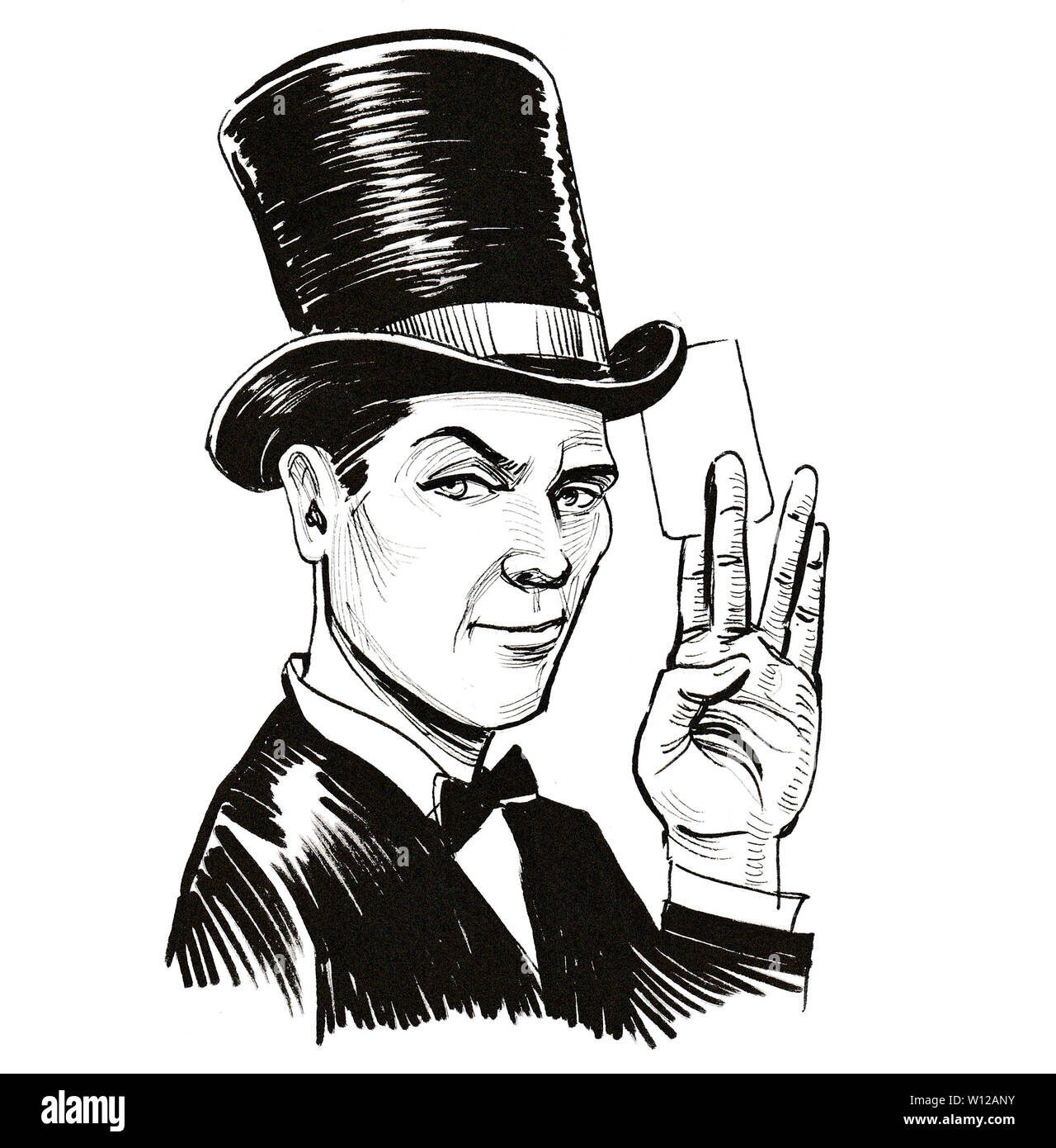 Magician with a playing card. Ink black and white drawing Stock Photo ...